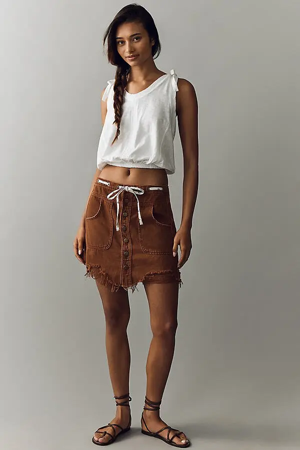 PILCRO Drawstring Denim Mini Skirt With Button Front And Raw Hem - Rust