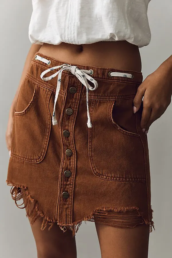 PILCRO Drawstring Denim Mini Skirt With Button Front And Raw Hem - Rust