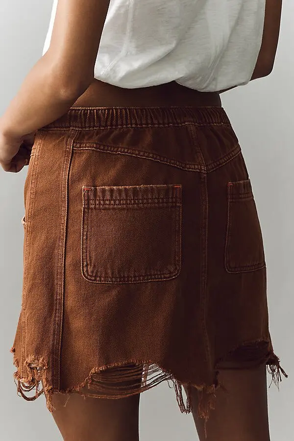 PILCRO Drawstring Denim Mini Skirt With Button Front And Raw Hem - Rust