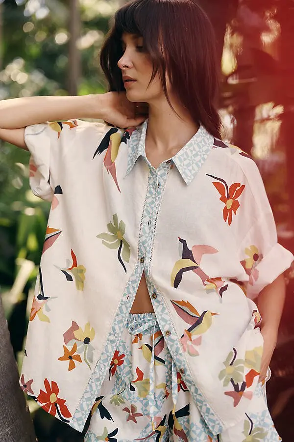CELANDINE Linen Viscose Button-down Shirt With Floral And Bird Print - Ivory Pattern