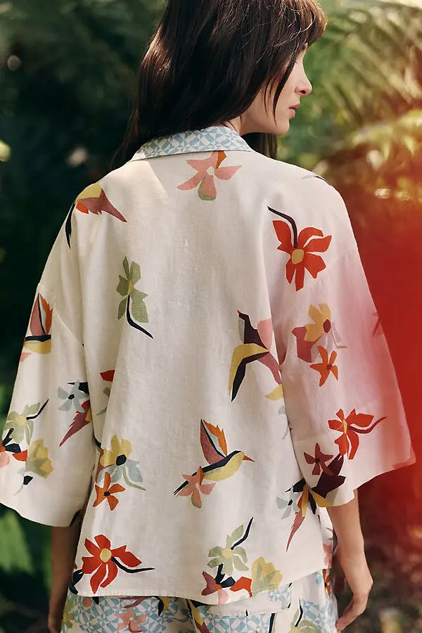 CELANDINE Linen Viscose Button-down Shirt With Floral And Bird Print