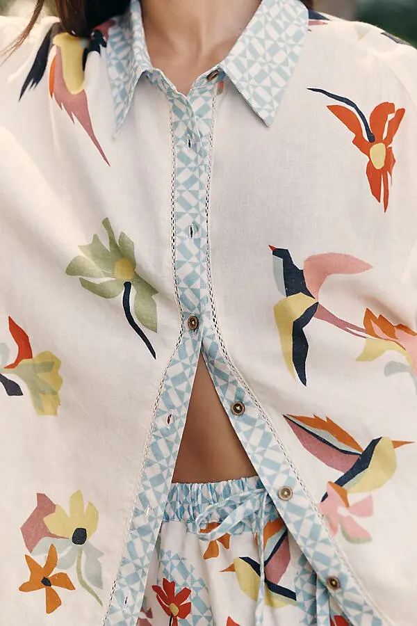 CELANDINE Linen Viscose Button-down Shirt With Floral And Bird Print