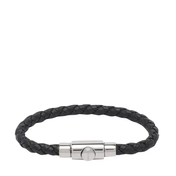 FERRAGAMO Braided Leather Bracelet With Silver Tone Hardware - Black
