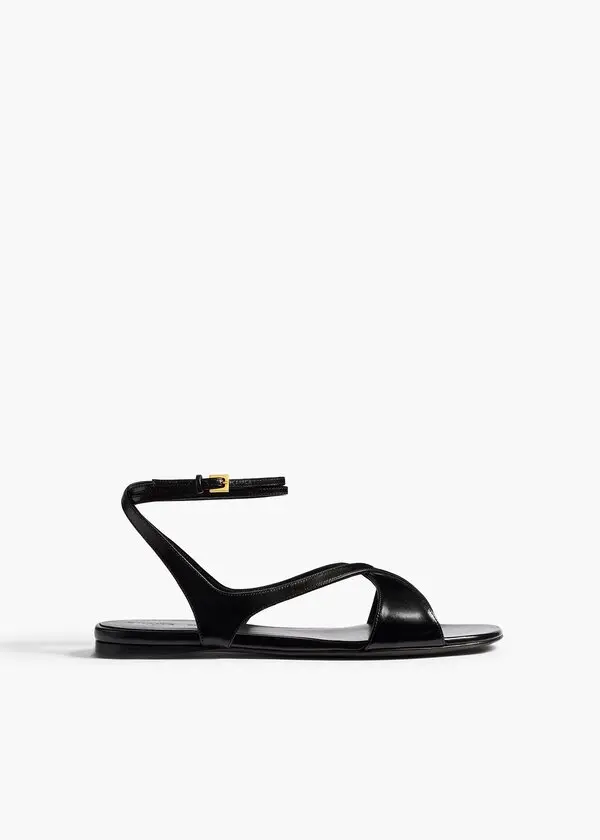Khaite Liria Glazed Leather Ankle Strap Flat Sandals - Black