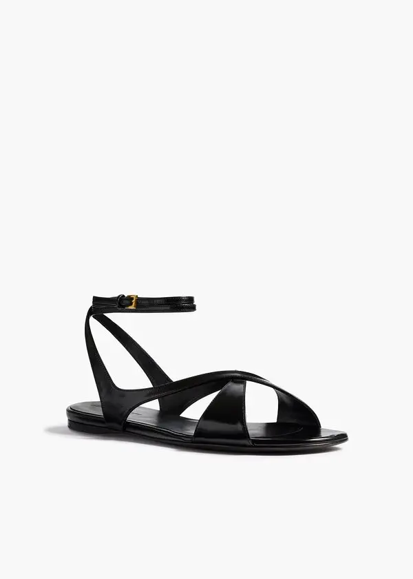 Khaite Liria Glazed Leather Ankle Strap Flat Sandals