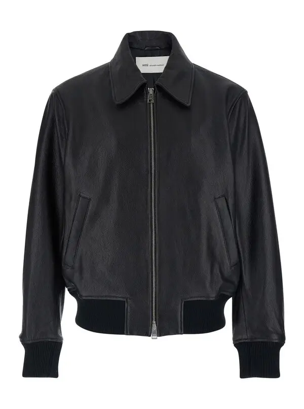 AMI Paris Leather Jacket With Zip Closure - Multicolor