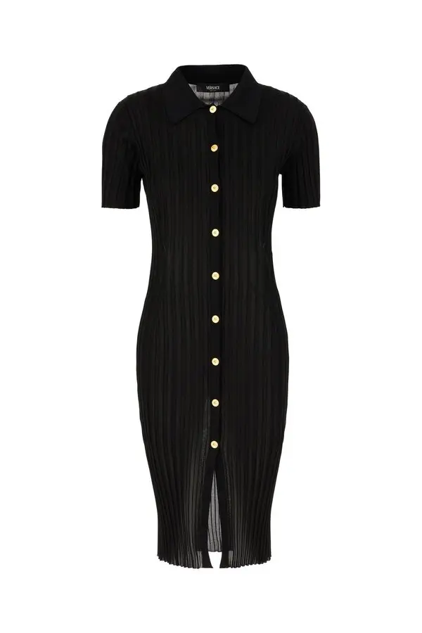 Versace Ribbed Button-front Dress With Gold Tone Medusa Buttons