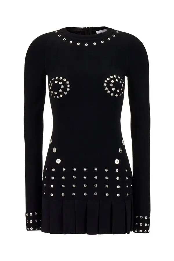 Off-White Knit Dress With Studded Embellishments And Pleated Skirt