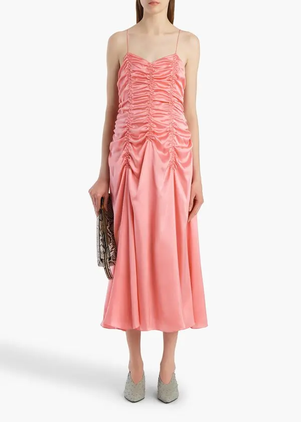 Khaite Raina Ruched Sweetheart Neckline Silk Charmeuse Dress - Azalea
