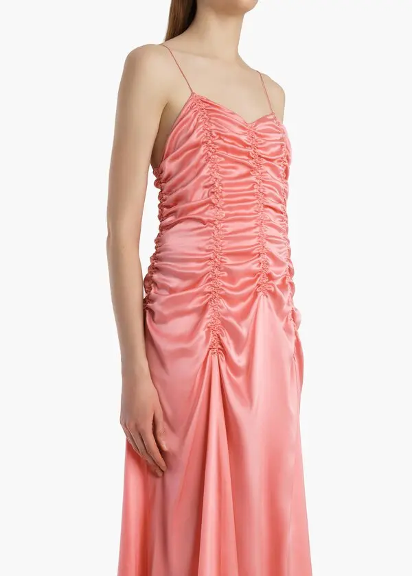 Khaite Raina Ruched Sweetheart Neckline Silk Charmeuse Dress - Azalea