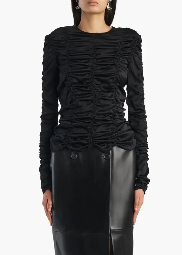 Khaite Rory Ruched Silk Charmeuse Long Sleeve Top - Black