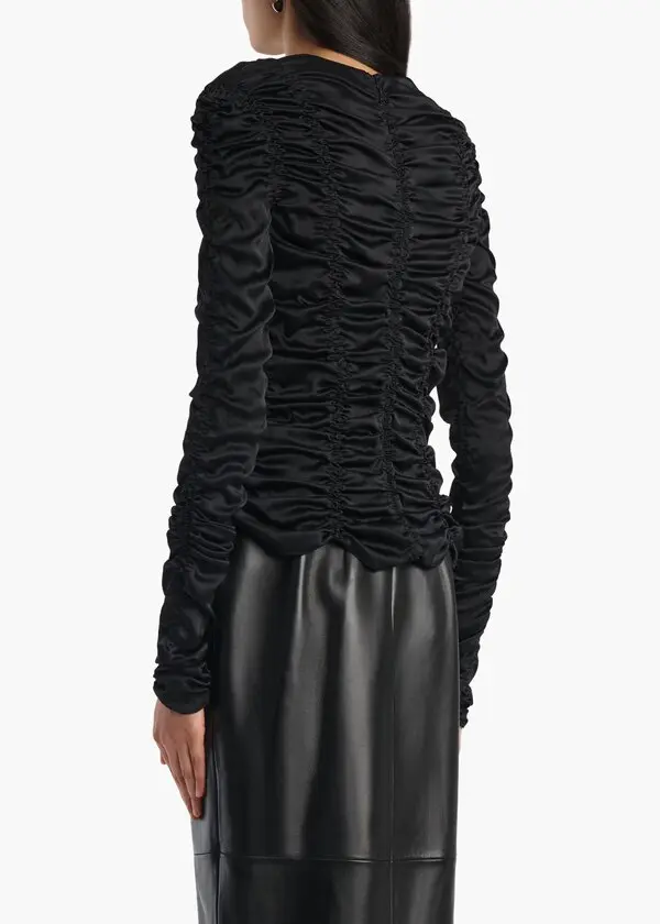 Khaite Rory Ruched Silk Charmeuse Long Sleeve Top - Black