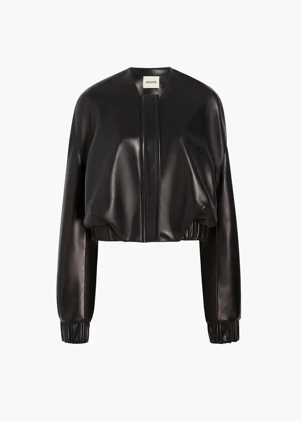 Khaite Leather Cropped Bomber Jacket - Black