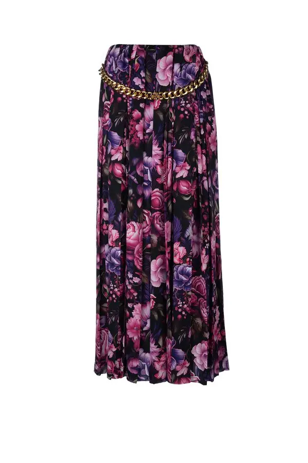 Balenciaga Floral Print Pleated Skirt With Gold Tone Chain Detail - Multicolor