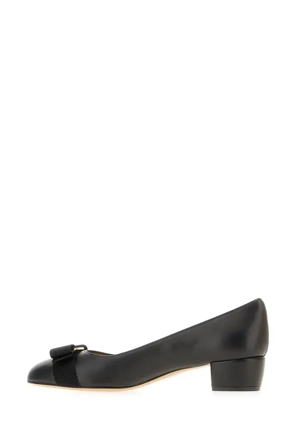FERRAGAMO Black Leather Ballet Flats With Bow Detailing