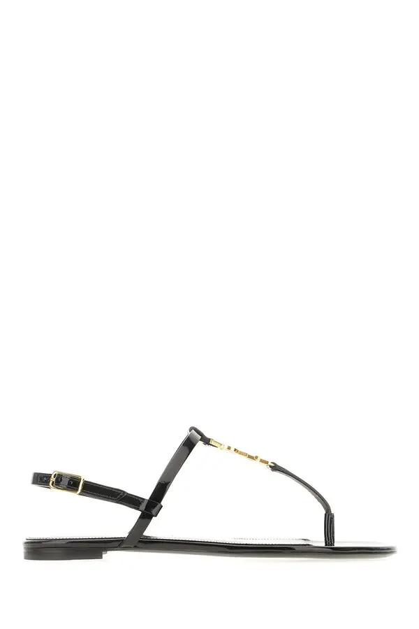 Saint Laurent Black Patent Leather Thong Sandals With Gold Tone Detailing