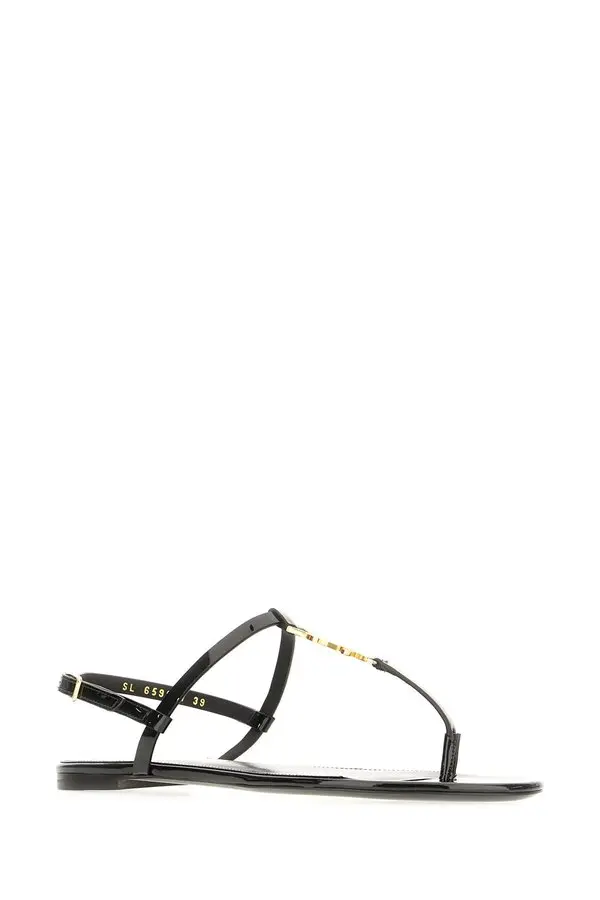 Saint Laurent Black Patent Leather Thong Sandals With Gold Tone Detailing