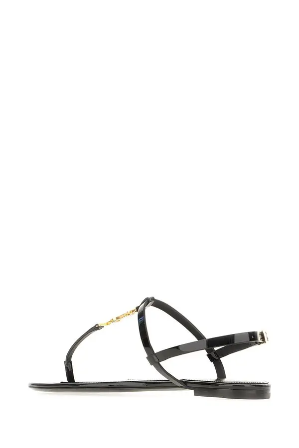 Saint Laurent Black Patent Leather Thong Sandals With Gold Tone Detailing