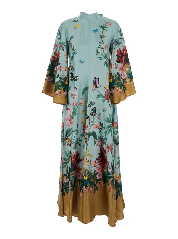 La DoubleJ Long Dress With High Neck And Floral Motif In Silk - Multicolor