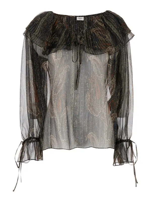 Saint Laurent Off-shoulder Blouse With Drawstring Poet Sleeves In Silk Blend - Multicolor