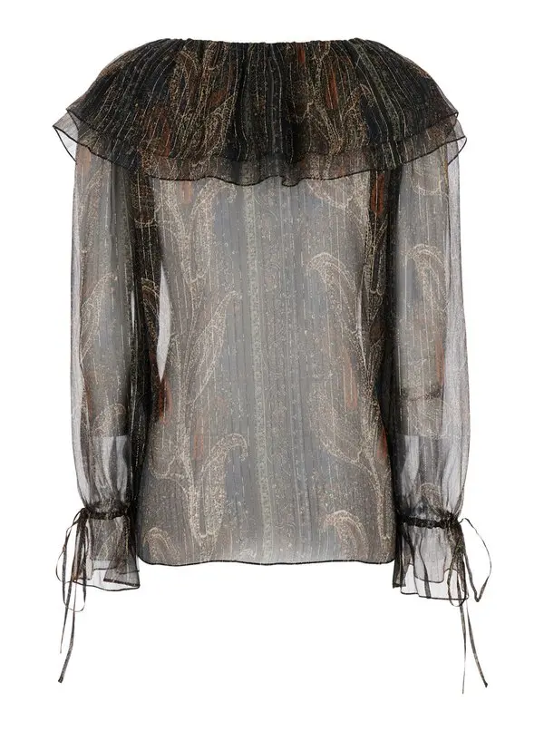 Saint Laurent Off-shoulder Blouse With Drawstring Poet Sleeves In Silk Blend