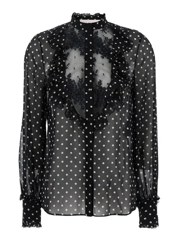 Valentino Garavani Black Polka Dot Silk Shirt With Floral Embroidery - Multicolor
