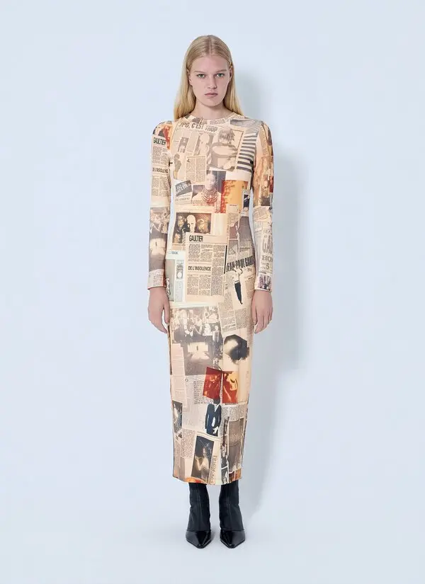 JEAN PAUL GAULTIER Long Sleeve Newspaper Print Dress - Cream