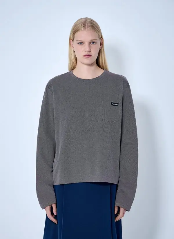 Miu Miu Textured Waffle Knit Long Sleeve T-shirt With Logo Pocket - Multicolor