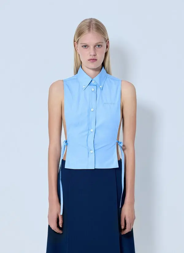 Miu Miu Sleeveless Poplin Shirt With Side Ties - Blue