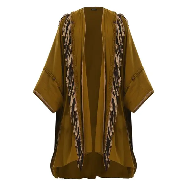 ZHENABIA Sidra Poncho Cape With Braided Accents And Fringe - Brown