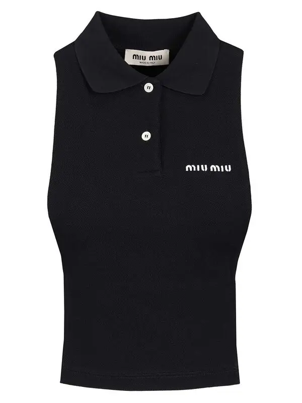 Miu Miu Sleeveless Embroidered Logo Piquet Polo Shirt