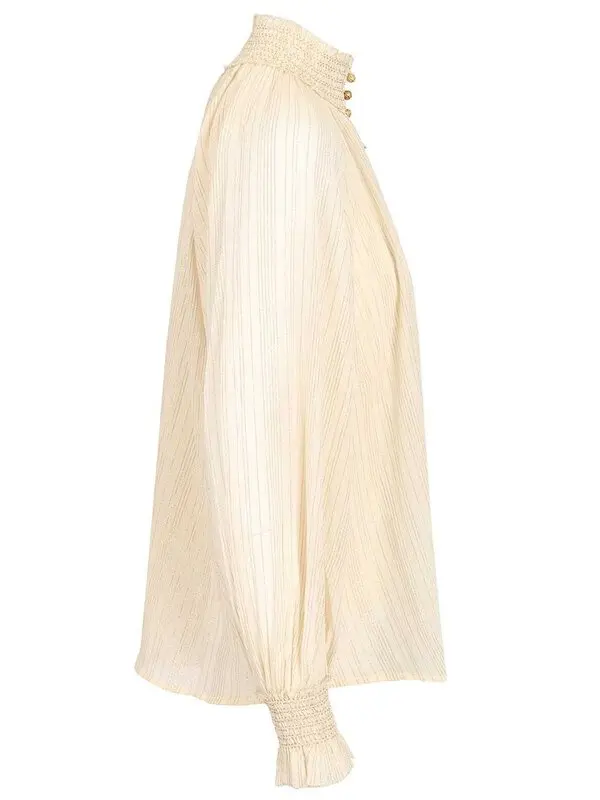 Zimmermann Aster Blouse With High Gathered Collar And Metallic Fibers - White