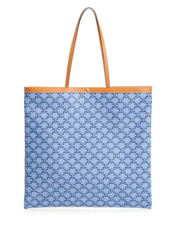 Celine Large Flat Shopper Tote In Tromphe Fabric With Calfskin Trim - Blue