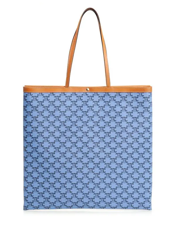 Celine Large Flat Shopper Tote In Tromphe Fabric With Calfskin Trim - Blue