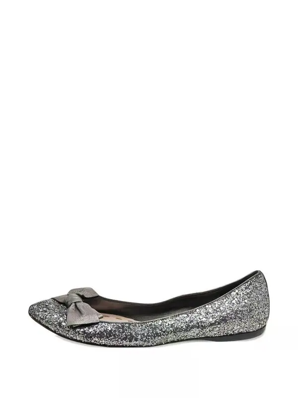 Miu Miu Glitter Ballet Flats With Bow Detail - Silver