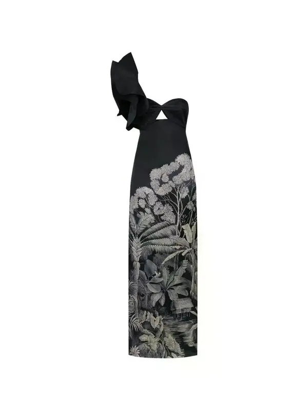 Johanna Ortiz One-shoulder Maxi Dress With Tropical Print - Black