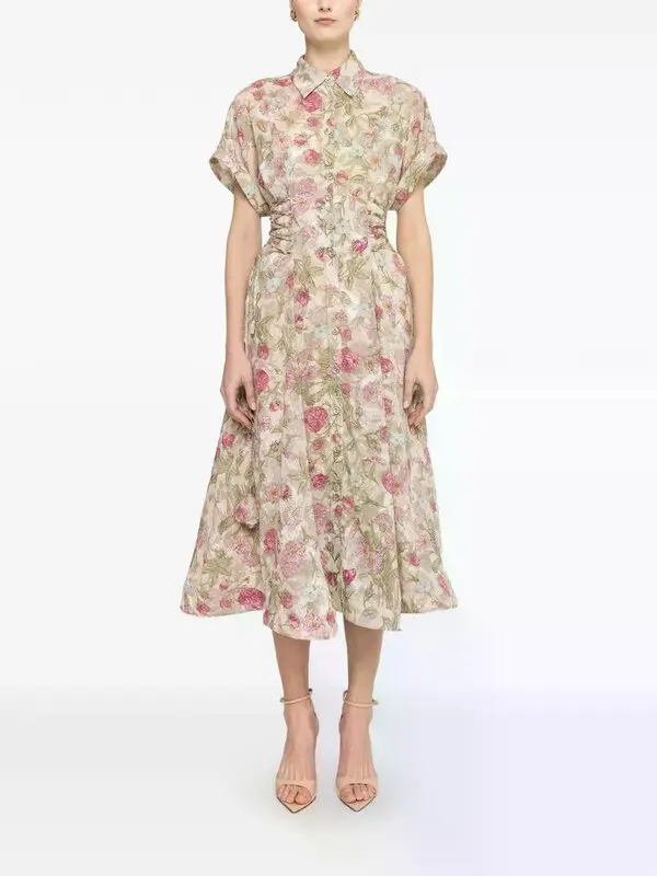 NISSA Floral Print Lace-up Midi Dress