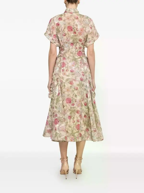 NISSA Floral Print Lace-up Midi Dress