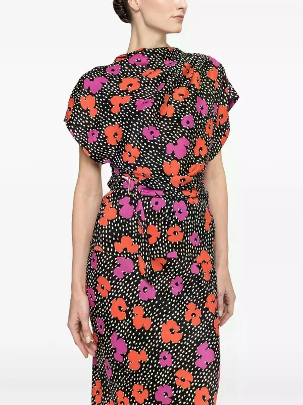 NISSA Floral Print Belted Shirt - Black