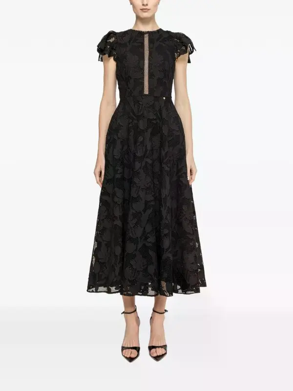 NISSA Embroidered Lace Midi Dress - Black