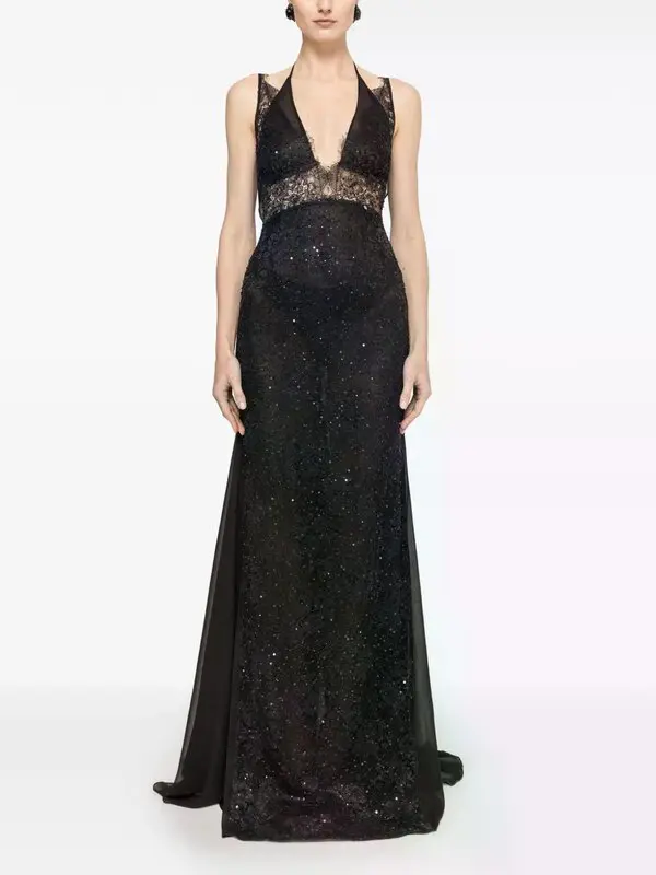 NISSA Beaded Lace-panel Maxi Dress