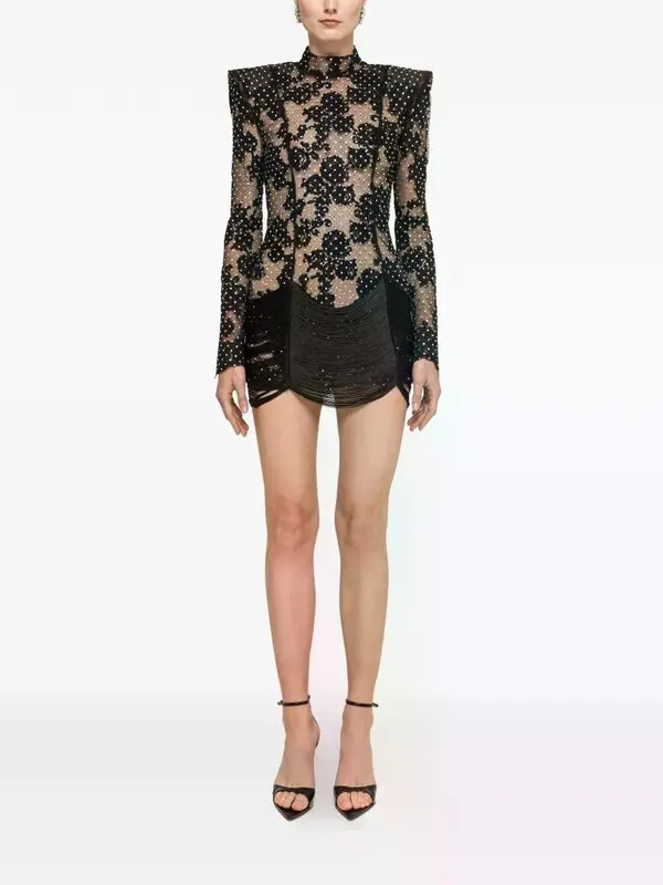 NISSA Fringed Hem Lace Embellished Mini Dress - Black