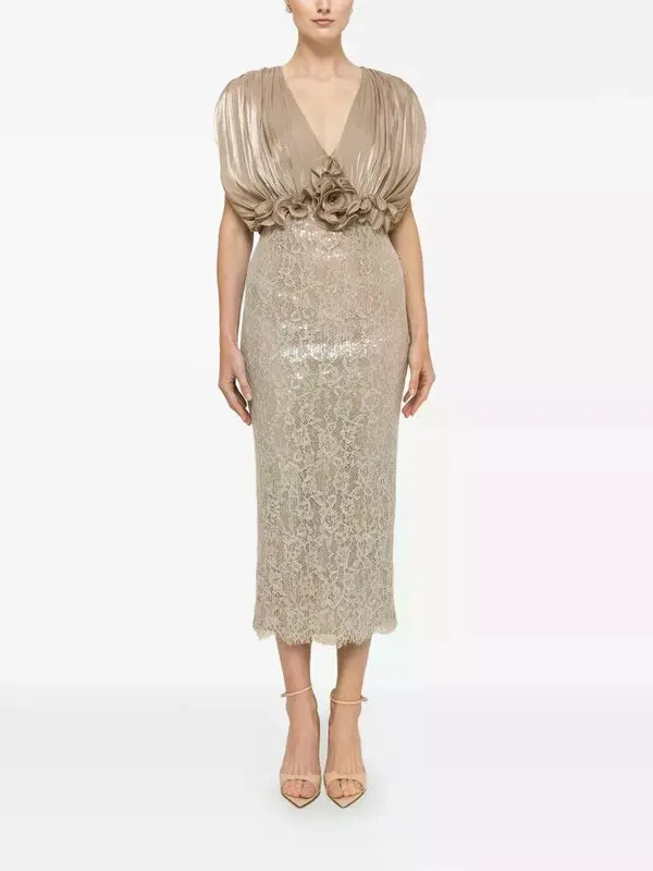 NISSA Floral Detail Lace Midi Dress - Grey