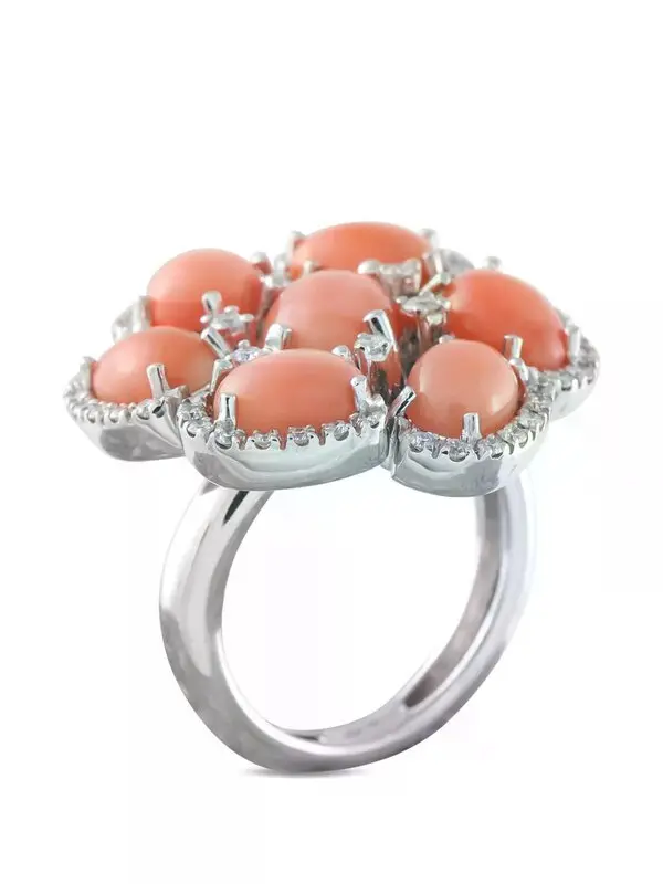 ZYDO Coral And Diamond Ring In 18k White Gold - Silver