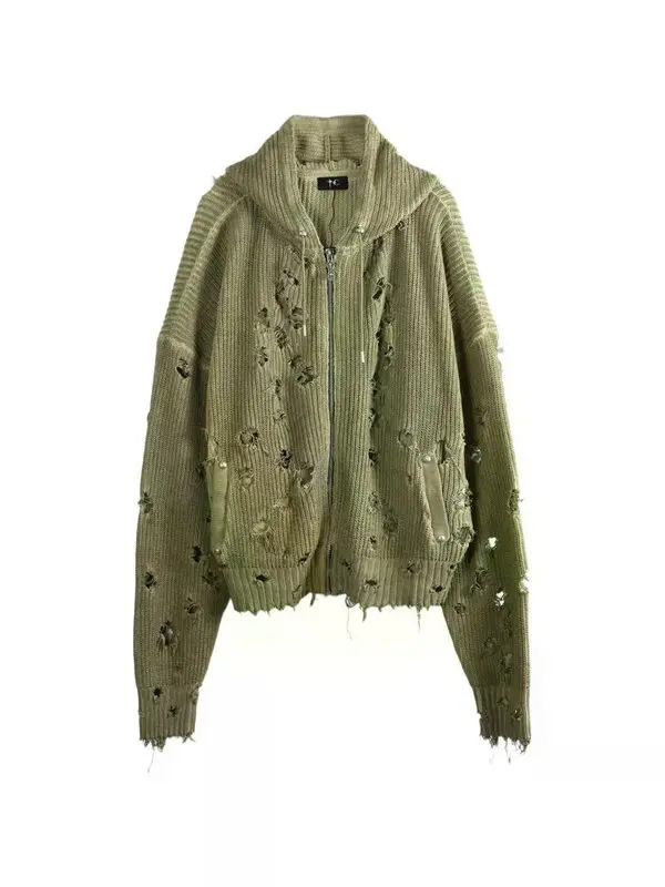 THUG CLUB Distressed Zip-up Hoodie - Neutrals