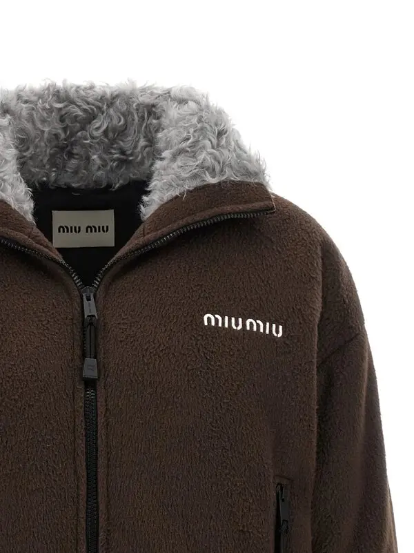 Miu Miu Fleece Down Jacket With Fur Collar - Black