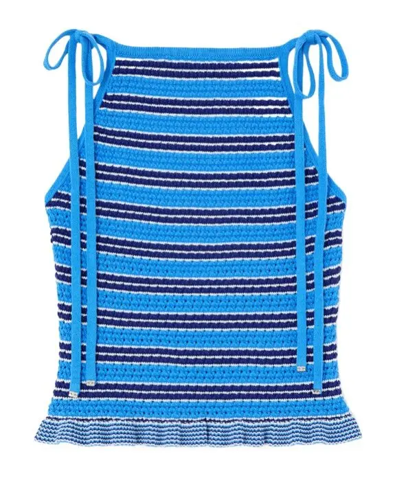 GANNI Striped Pointelle Top With Ruffled Hem - Marina