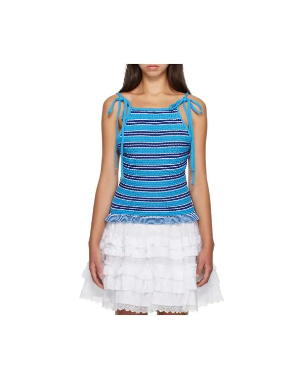 GANNI Striped Pointelle Top With Ruffled Hem - Marina