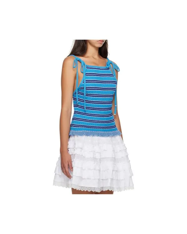 GANNI Striped Pointelle Top With Ruffled Hem - Marina