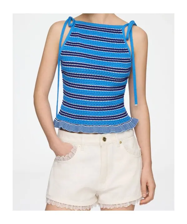 GANNI Striped Pointelle Top With Ruffled Hem - Marina